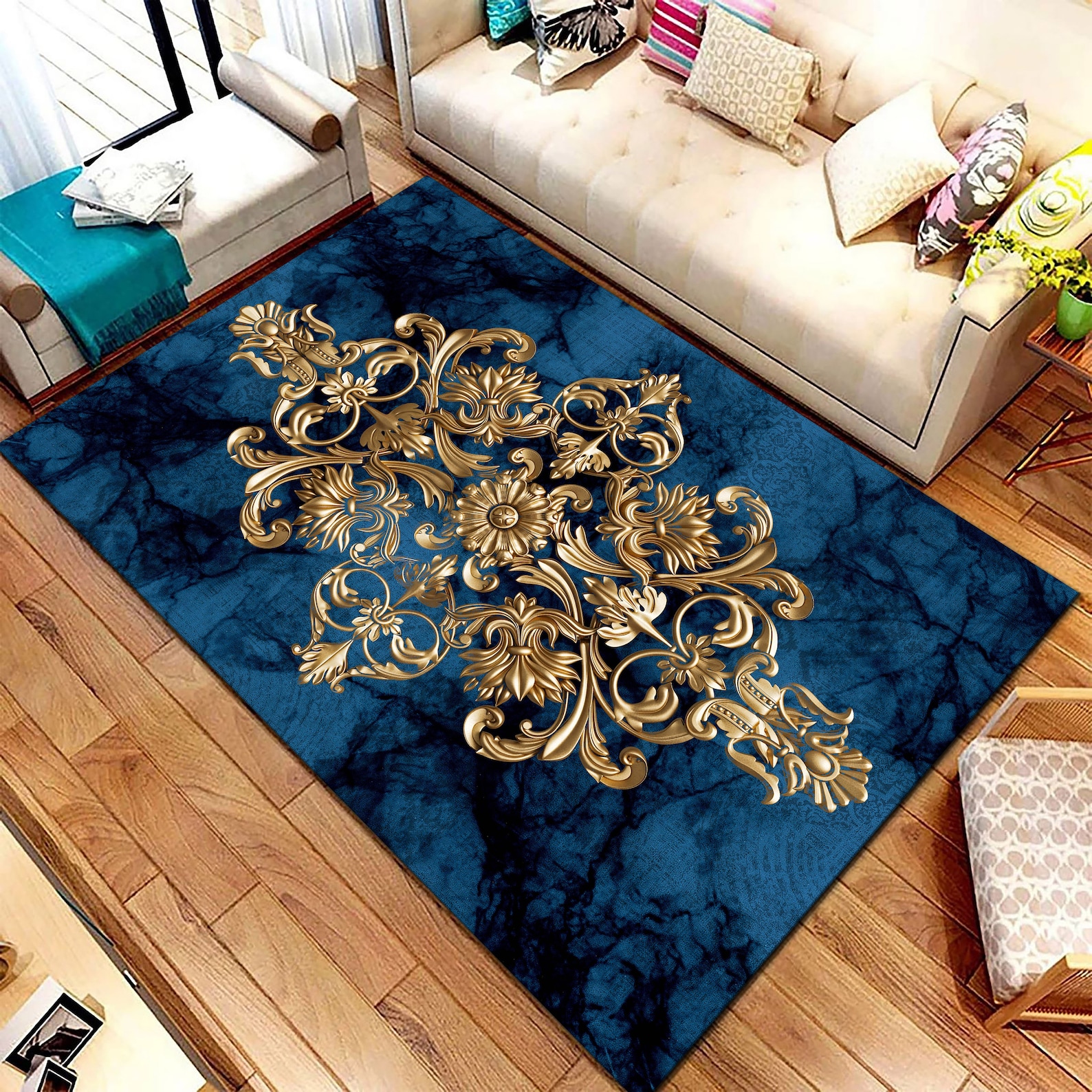 Blue and Gold Damask Rug Ethnic Design Floral Carpet - Etsy