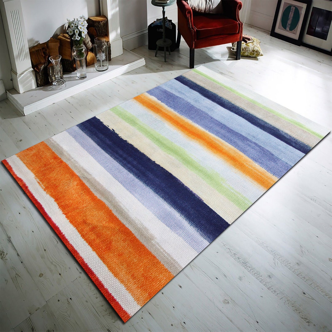 Lines Rug, Colorful Line Rug, Blue and Orange Rug, Accent Rug, White ...