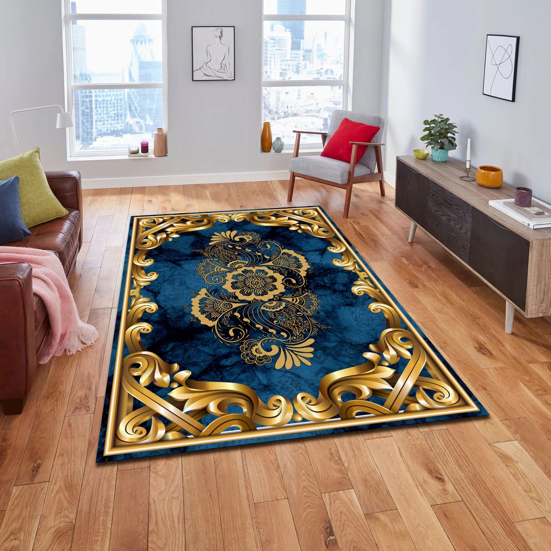 Blue and Gold Oriental Pattern Rug, Damask Design Modern Rug, Ethnic ...