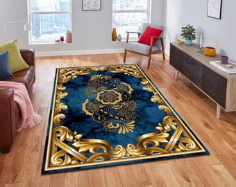 Blue and Gold Damask Rug, Ethnic Design Floral Carpet, Oriental Floor ...