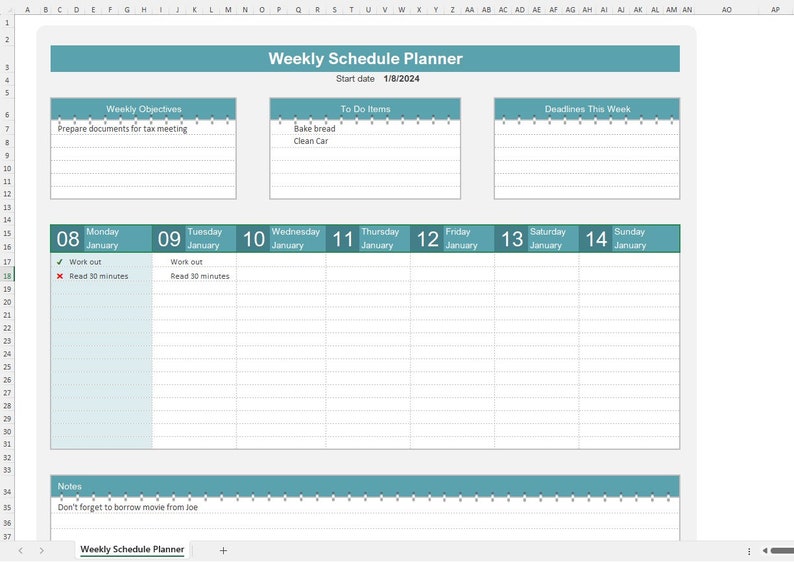 Excel Weekly Planner Schedule Spreadsheet Template, to Do List ...