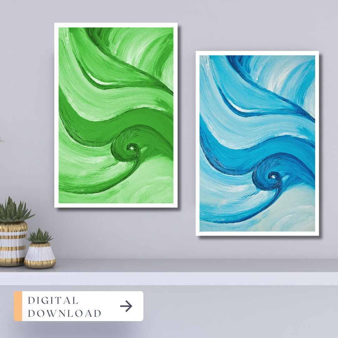 2 Aesthetic Poster Set, Green and Blue Wave Poster, Digital Wall Art ...