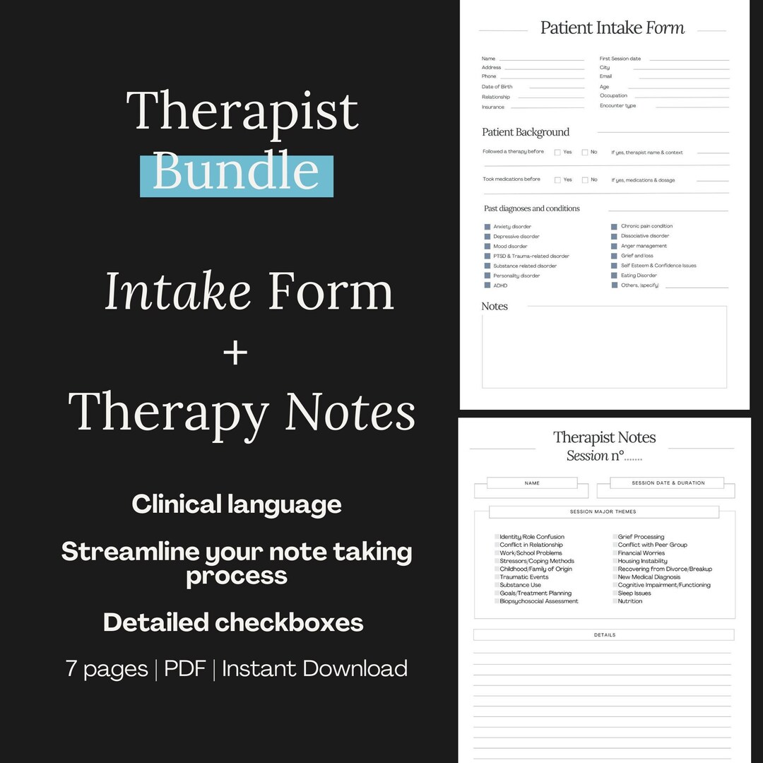 Therapist Notes and Therapy Intake Form - Therapy Sheets, Therapy Notes ...