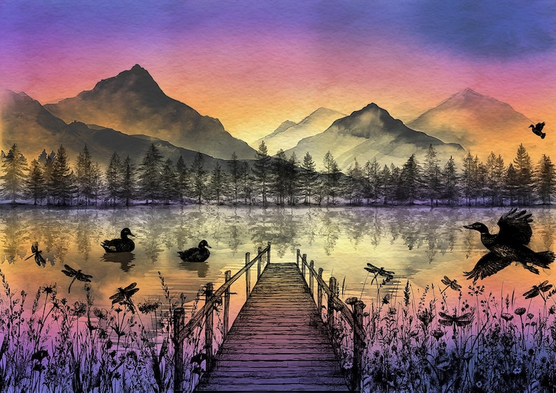 5 Hand Painted Watercolour Lake Landscapes - Trees Lakes Mountains ...