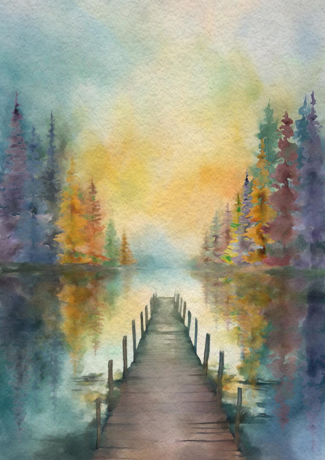 5 Hand Painted Watercolour Lake Landscapes - Trees Lakes Mountains ...