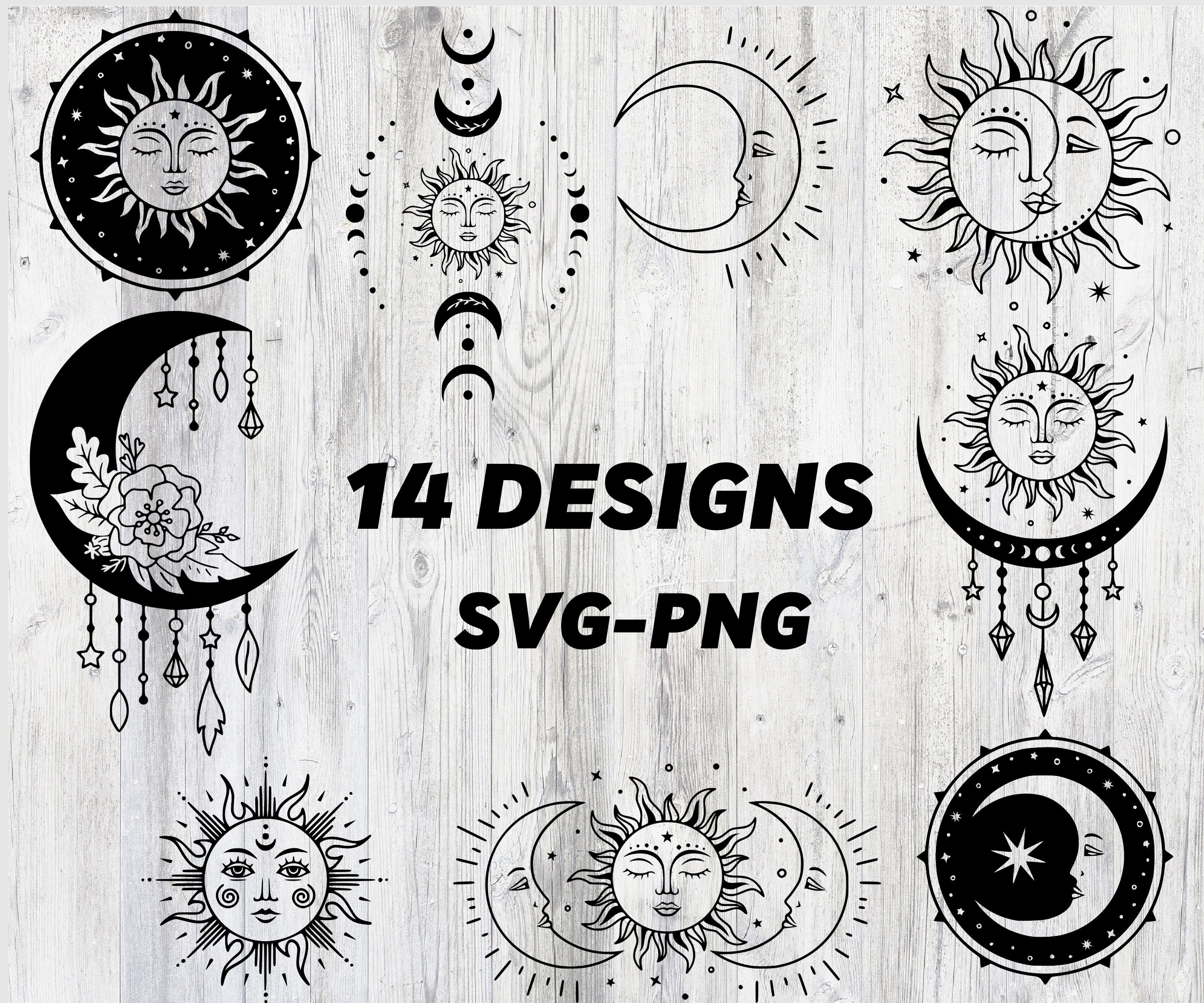 Sun and Moon Svg Png, Boho Svg, Celestial Svg Designs With Moon Phase ...