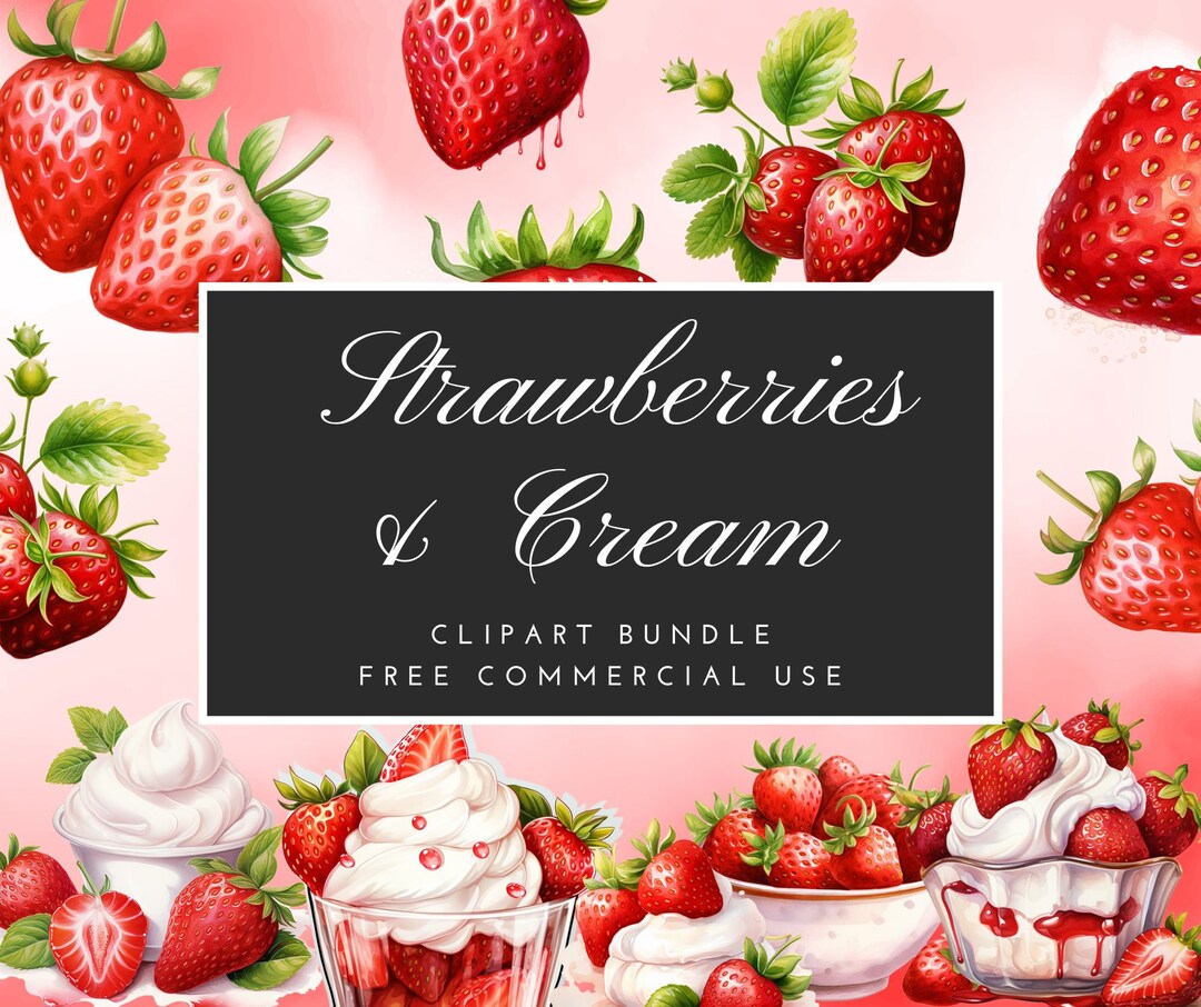 Strawberries and Cream Watercolor Clipart Bundle PNG Free Commercial ...