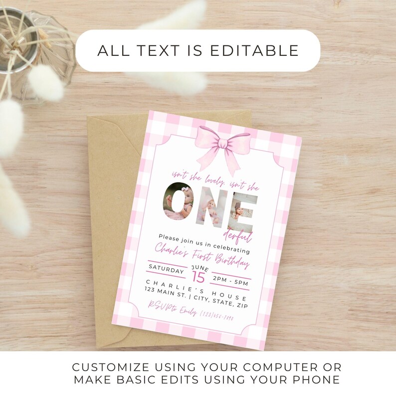 Coquette Bow First Birthday Invitation, Pink Gingham Photo Card ...