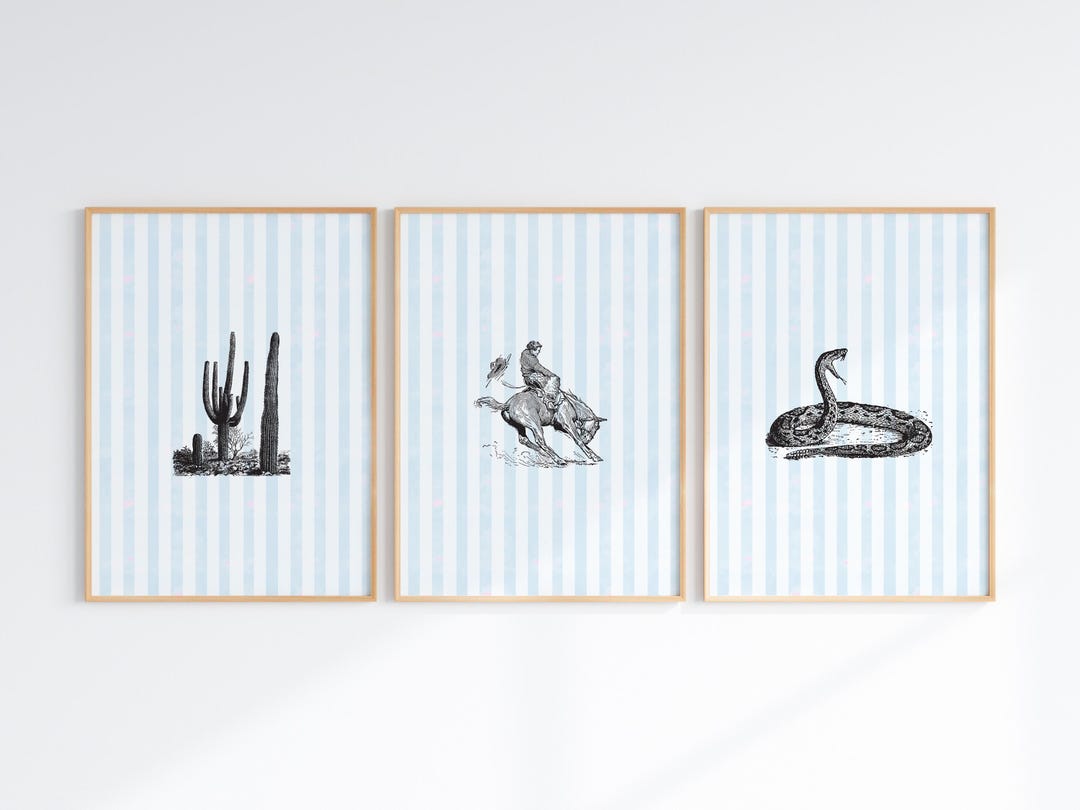 Set of 3 Western Cowboy Vintage Wall Art Prints, Blue Nautical Striped ...