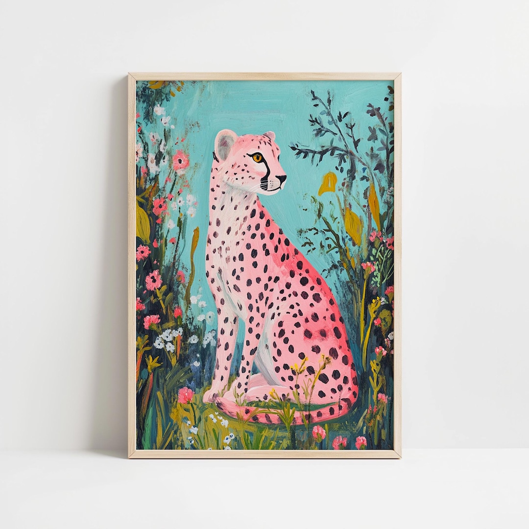 Pink Cheetah Colorful Wall Art Print, Floral Landscape Wall Art, Animal ...