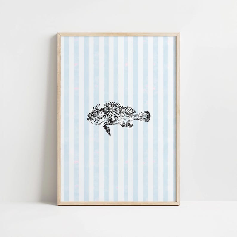 Blue Striped Fish Print Set of 6 Wall Art, Nautical Wall Decor, Vintage ...