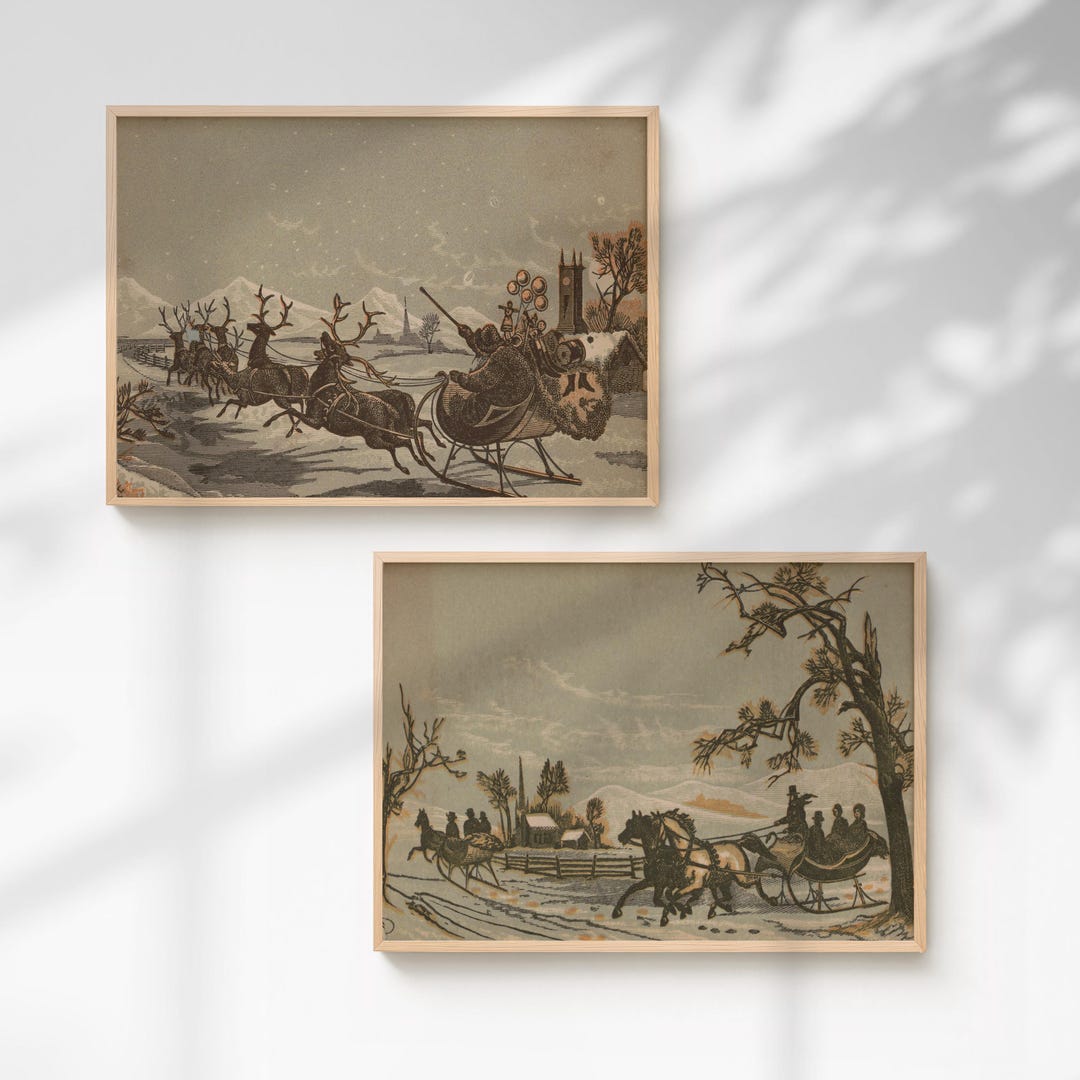 Vintage Christmas Reindeer Gallery Wall Art Set of 2 | Antique Winter ...