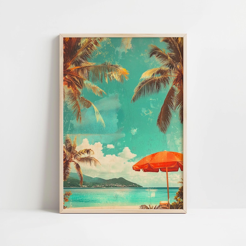 Retro Tropical Paradise Wall Art | Retro Beach Scene Digital Print ...