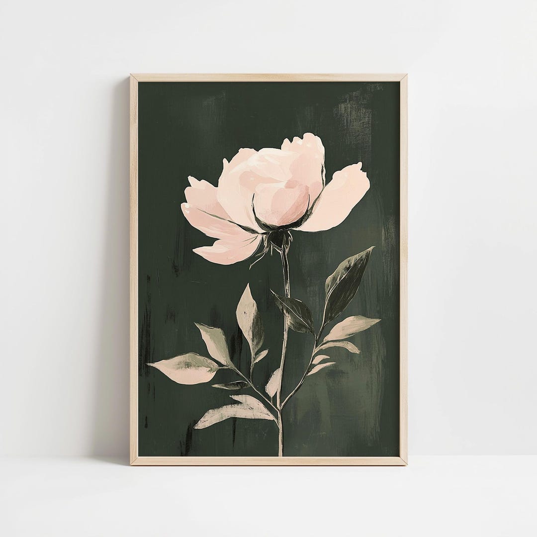 Moody Floral Painting, Light Pink and Olive Green Botanical Wall Art ...
