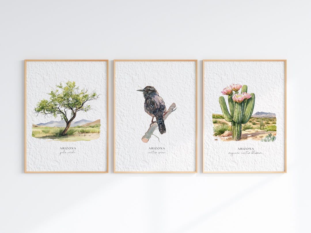 Arizona State Symbols Watercolor Wall Art Decor Set of 3, State Bird ...