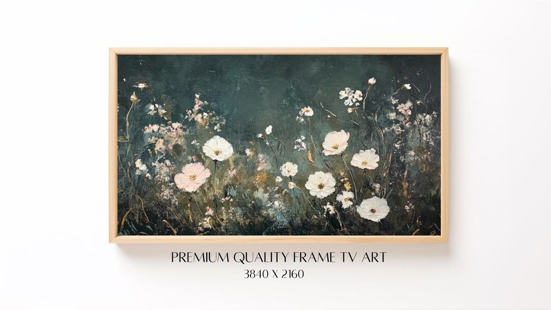 Frame TV Art | White Floral Impressionist on Teal | Vintage-inspired ...