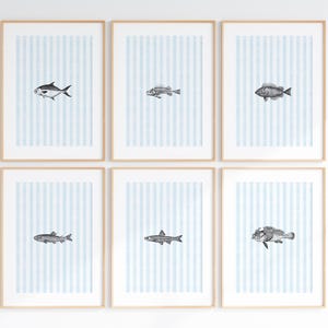 Blue Striped Fish Print Set of 6 Wall Art, Nautical Wall Decor, Vintage ...