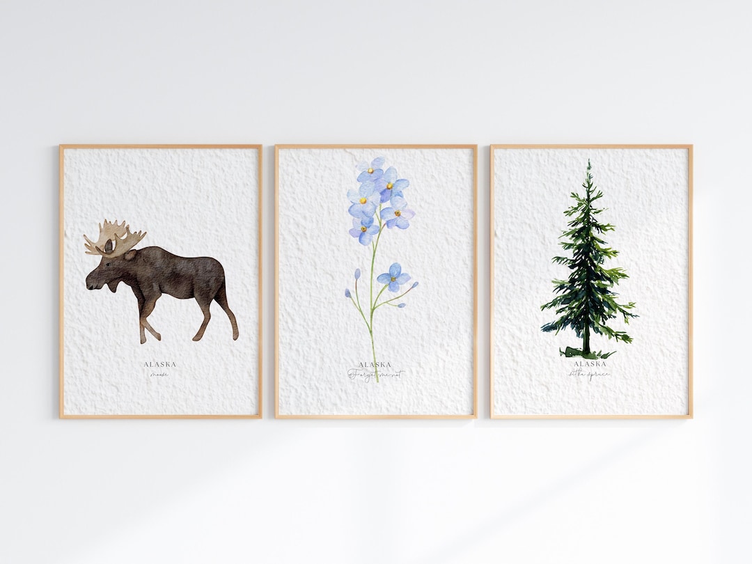 Alaska State Symbols Watercolor Wall Art Decor Set of 3, State Land ...