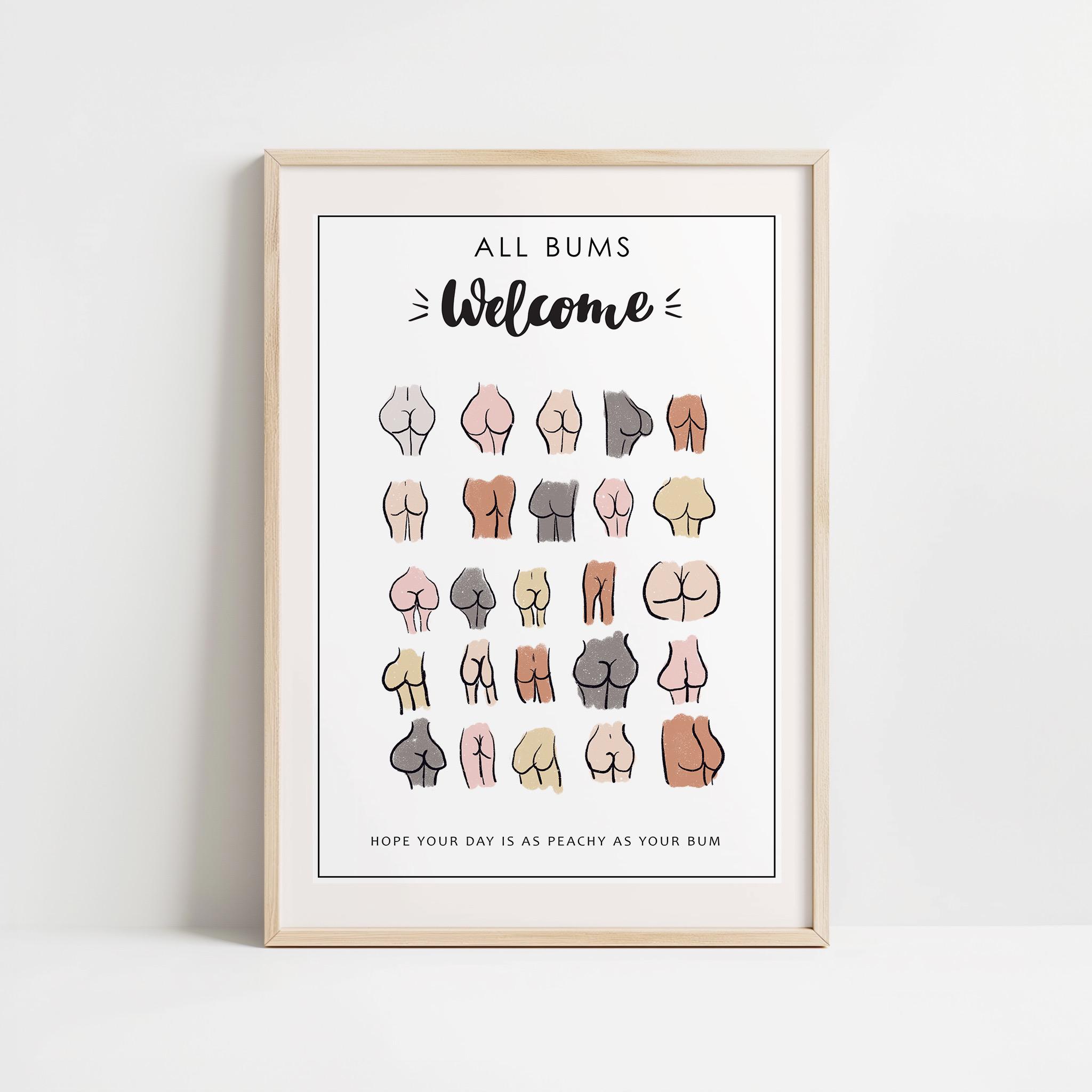 Funny Bathroom All Bums Welcome Wall Art Print, Funny Booty Bathroom ...