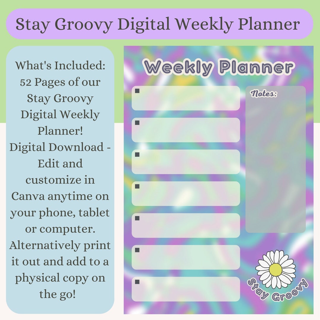 Stay Groovy Digital Weekly Planner, Colourful to Do List, Funky Instant ...