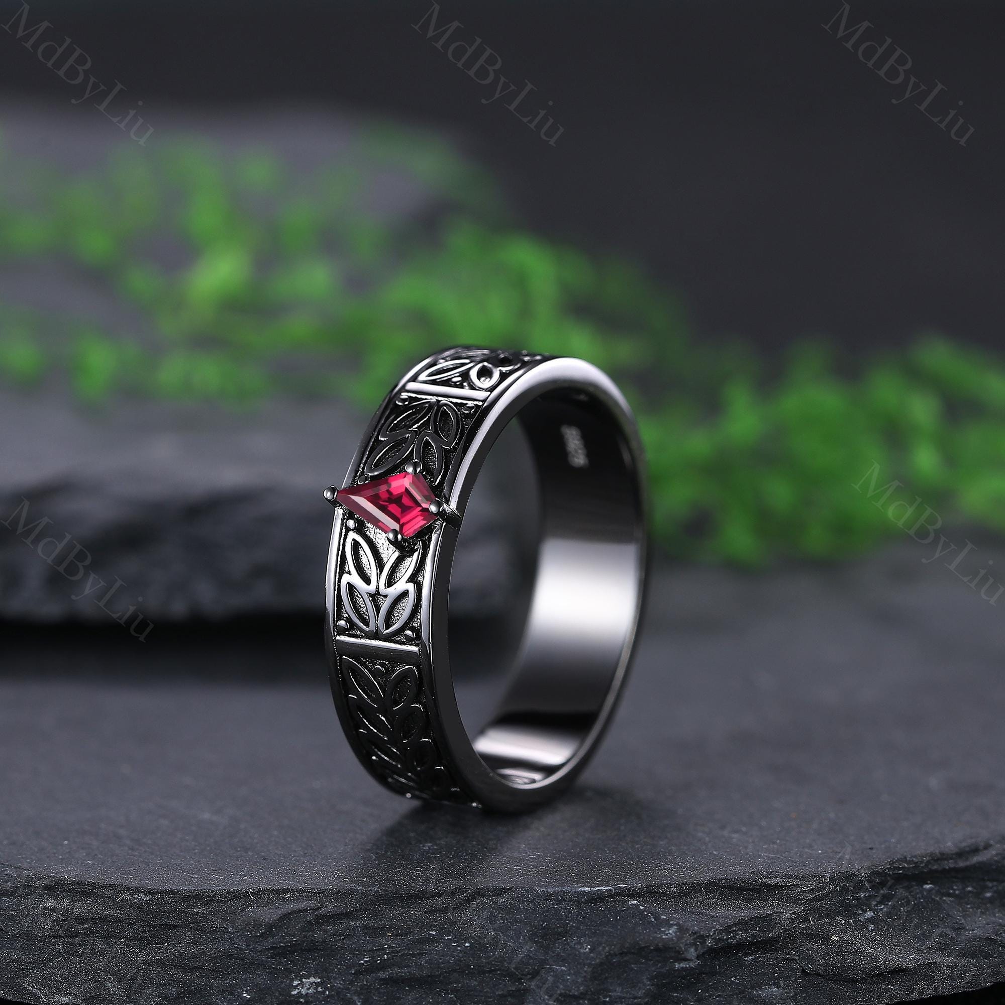 Gothic Black Gold Ruby Couple Ring Set Moon & Leaf Couples Rings Ruby ...