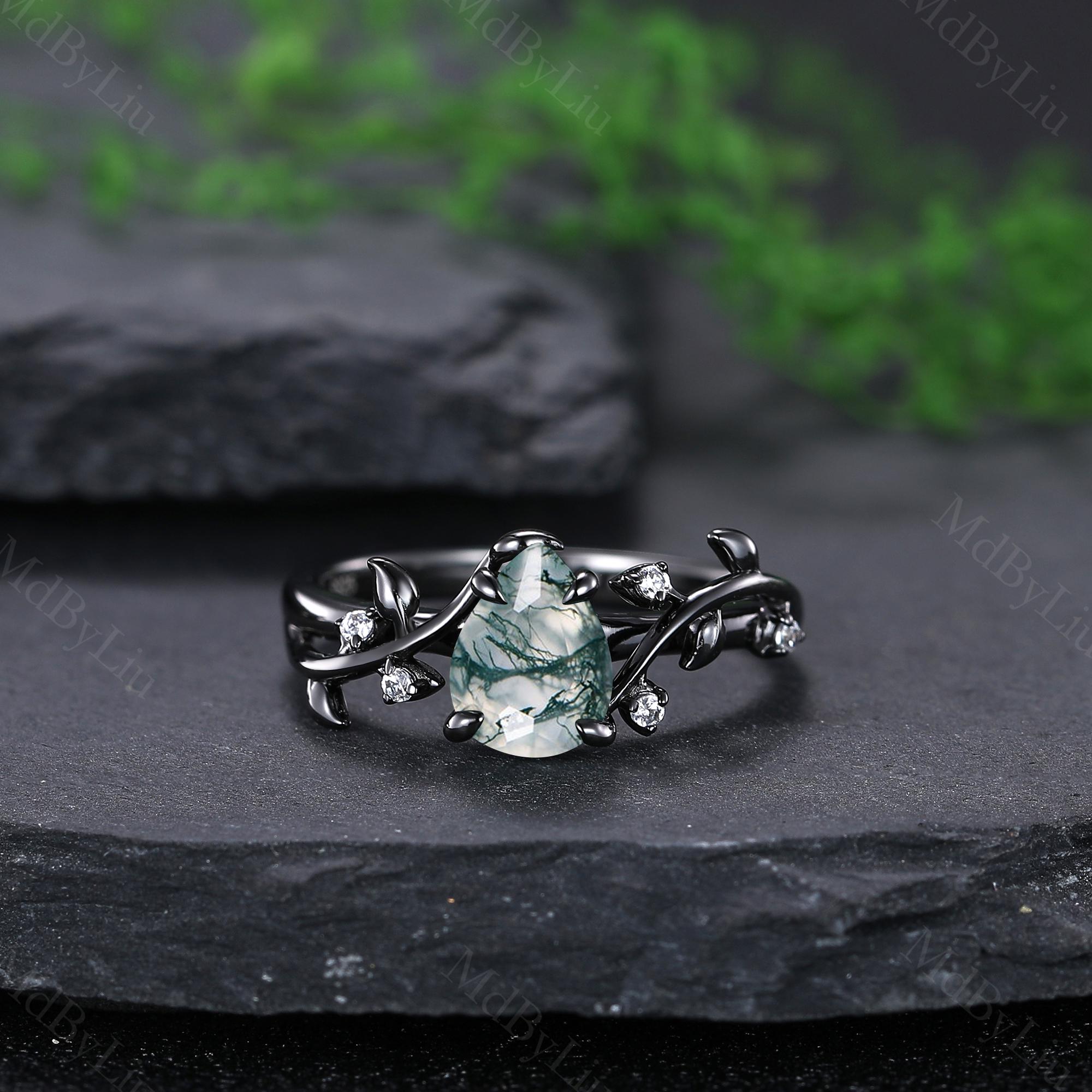 Vintage Moss Agate Couple Rings Gothic Black Gold Nature-inspired ...