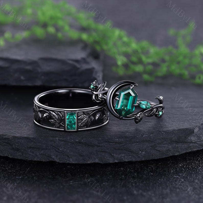 Hexagon Emerald Couple Rings Black Crescent Moon Engagement Ring Set ...