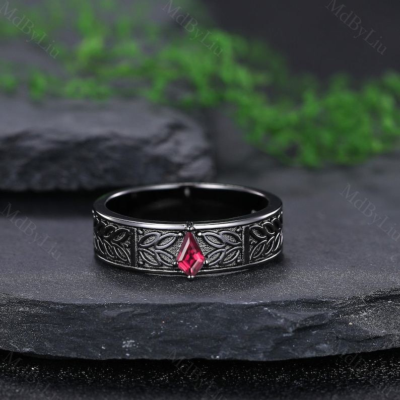 Gothic Black Gold Ruby Couple Ring Set Moon & Leaf Couples Rings Ruby ...
