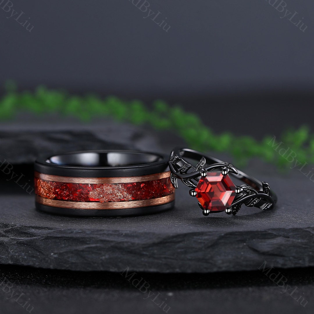 Gothic Hexagon Garnet Couple Ring Set, His and Hers Wedding Band ...