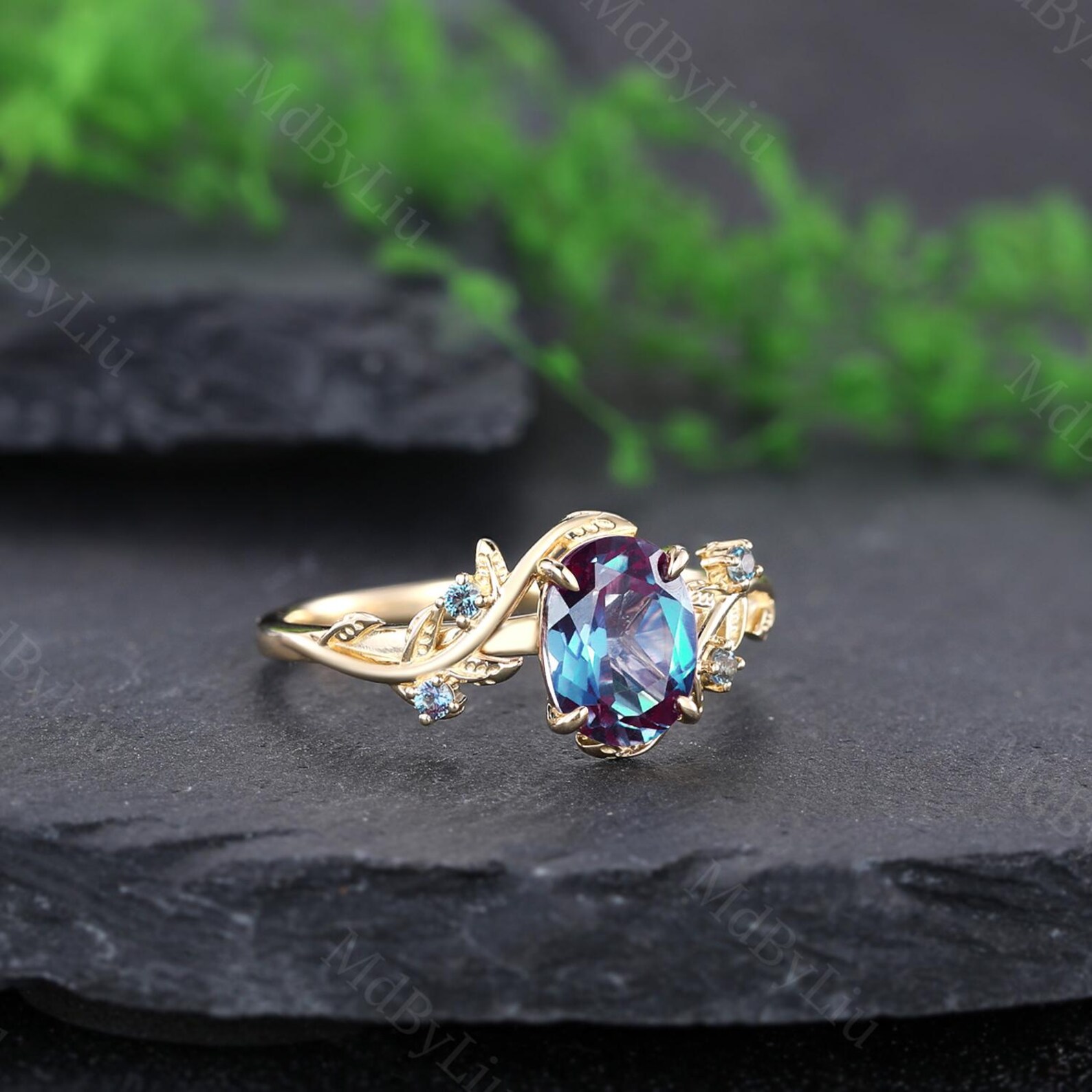 Vintage Alexandrite Ring, Oval Alexandrite Leaf Promise Ring, Sterling ...