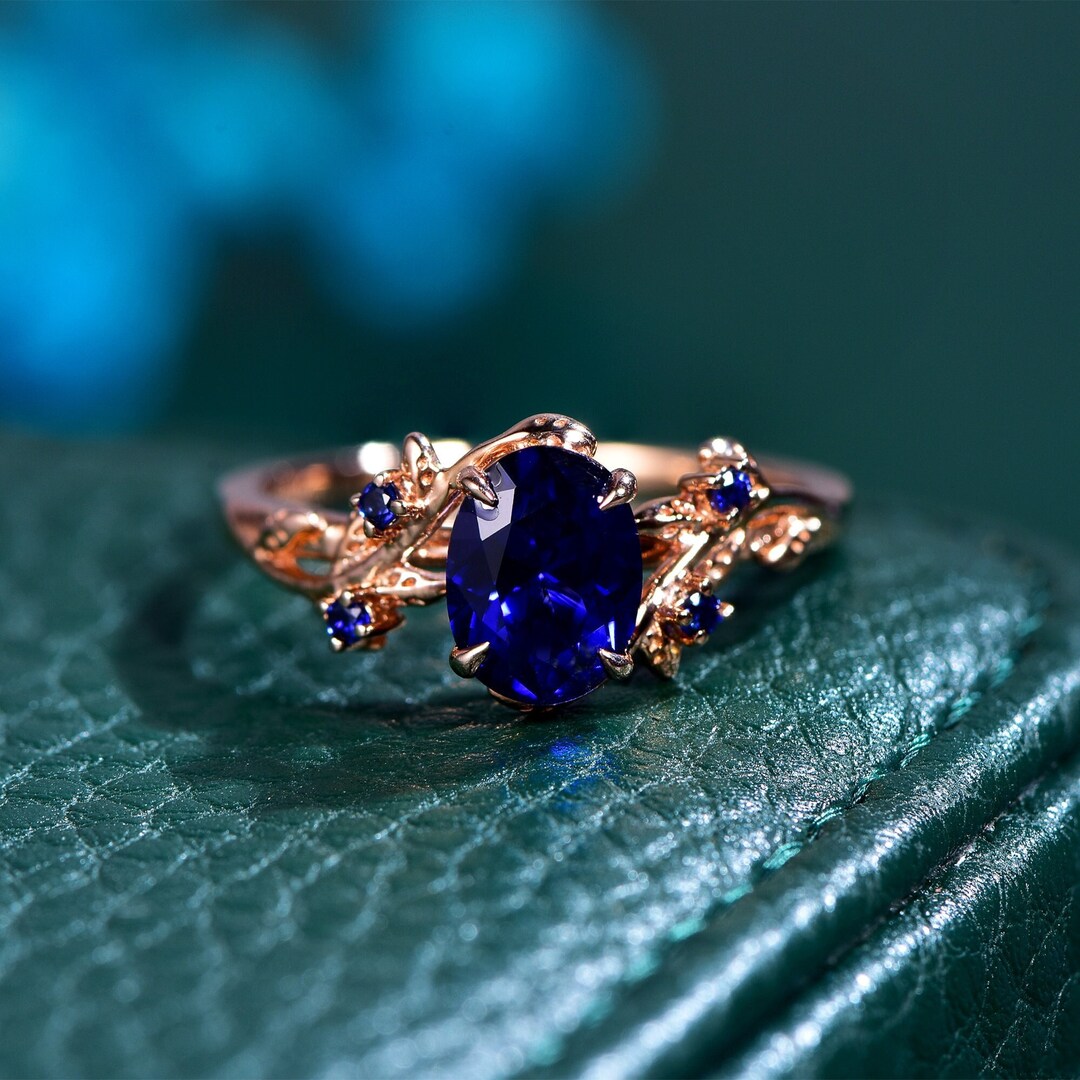 Oval Sapphire Engagement Ring, Blue Gemstone 14K White Gold Ring, Art ...