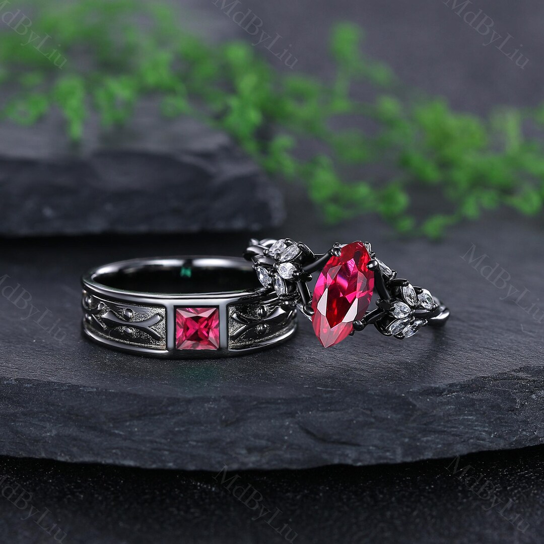 Gothic Black Gold Ruby Couple Rings Nature Inspired Leaf Cluster ...