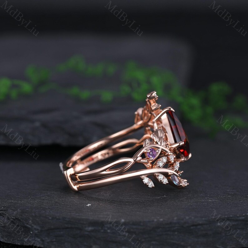 Vintage Kite Cut Garnet Engagement Ring Set Cluster Branch Nature ...