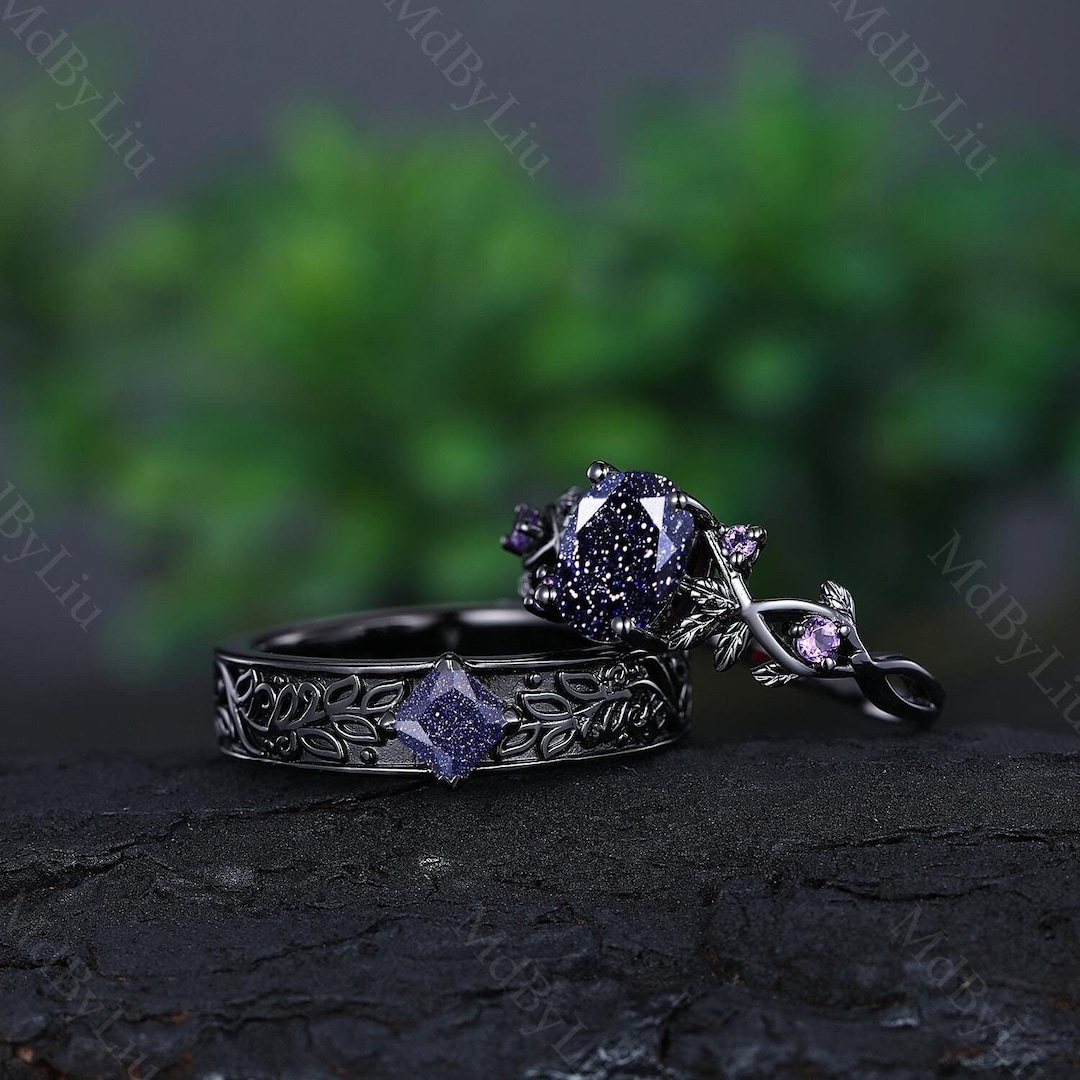 Retro Blue Sandstone Couple Rings, Handmade Wedding Band, 2pcs Leaf ...