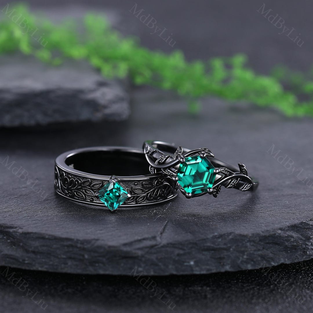 Hexagonal Emerald Couple Rings Set Leaf Branch Engagement Ring for Couples Gothic Black Gold ...