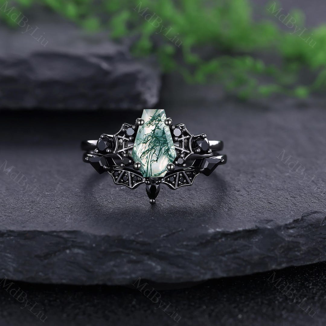 Coffin Moss Agate Engagement Ring Set Unique Spider Web Wedding Rings ...