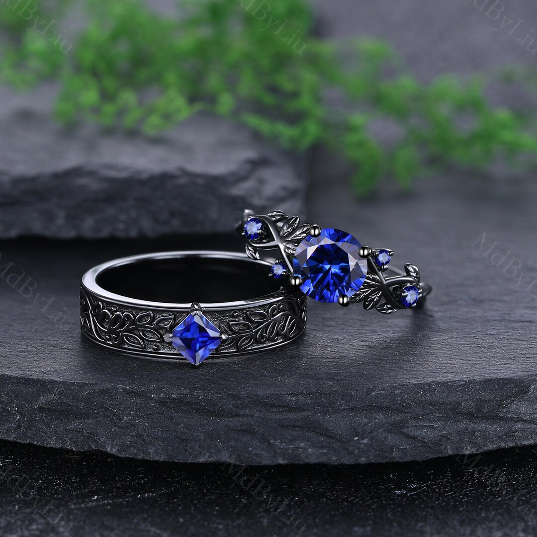 Gothic Black Gold Sapphire Couple Ring Set Leaf Engraved Men's Ring ...