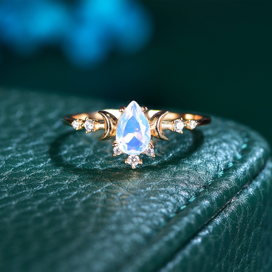Unique Moon Moonstone Engagement Ring Pear Shaped Bridal Ring Unique ...