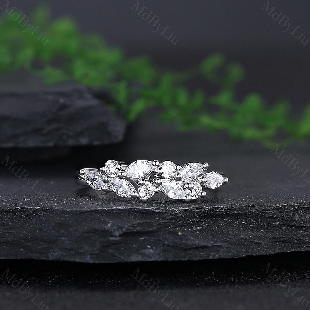 Marquise Cut Moissanite Stack Wedding Ring Sterling Silver Leaf Ring ...
