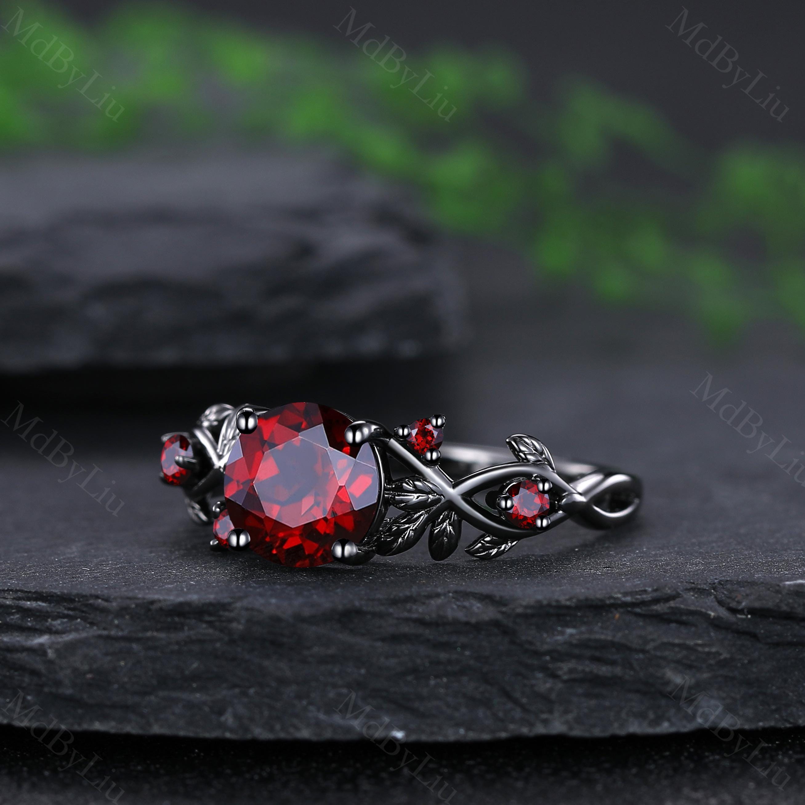 Garnet Couple Ring Black Gold Wedding Band Leaf Rings for Men and Women ...