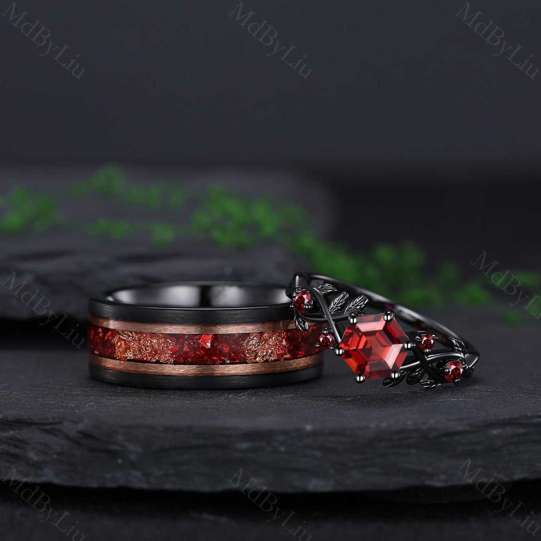 Gothic Hexagonal Garnet Couple Ring Set, His and Hers Wedding Band ...