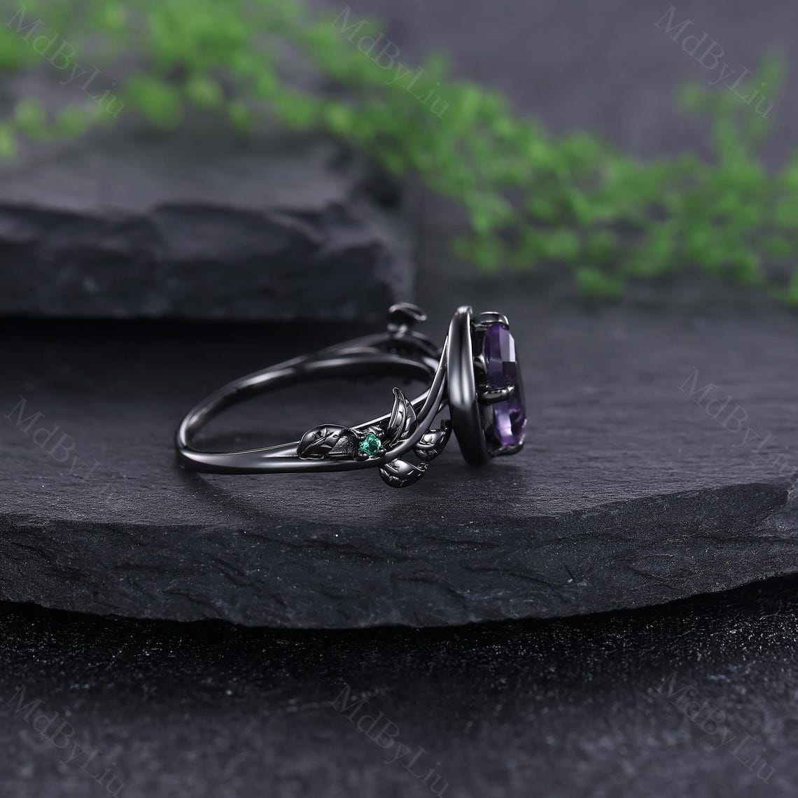 Gothic Hexagon Black Onyx Couple Engagement Rings Leaf Vine Wedding ...