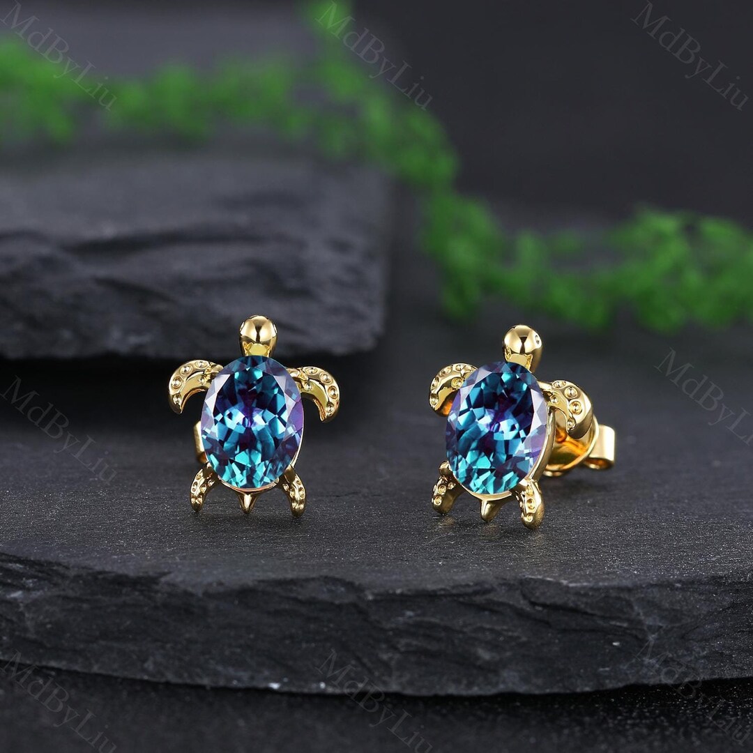 14k Gold Alexandrite Stud Earrings Turtle Earrings Alexandrite Earring ...