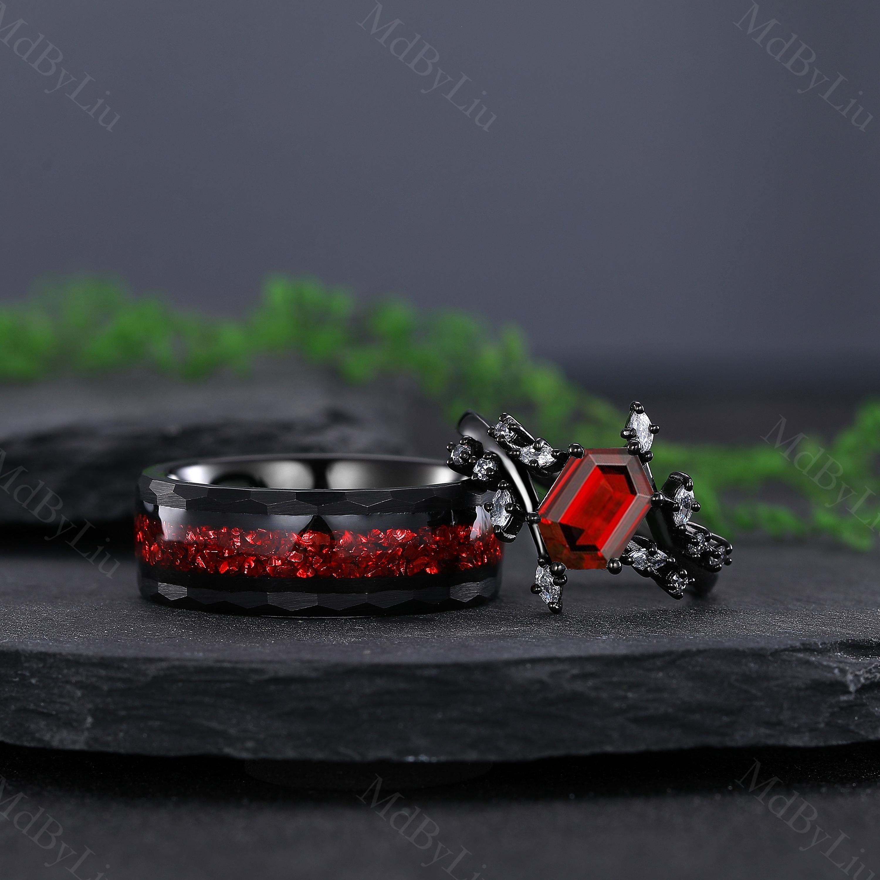 Vintage Garnet Couples Ring Sets, Gothic Black Gold Rings, Hexagon ...