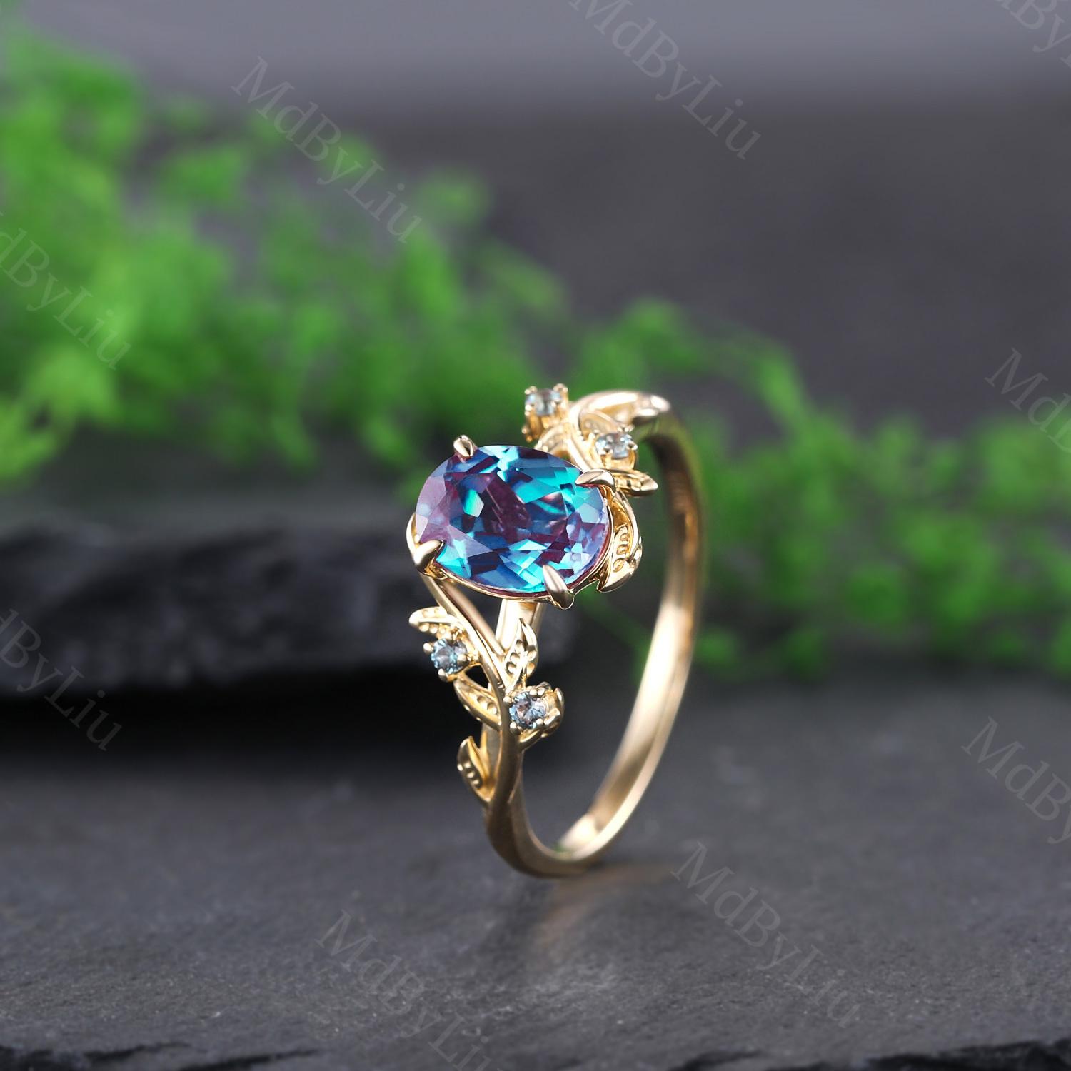 Vintage Alexandrite Ring, Oval Alexandrite Leaf Promise Ring, Sterling ...
