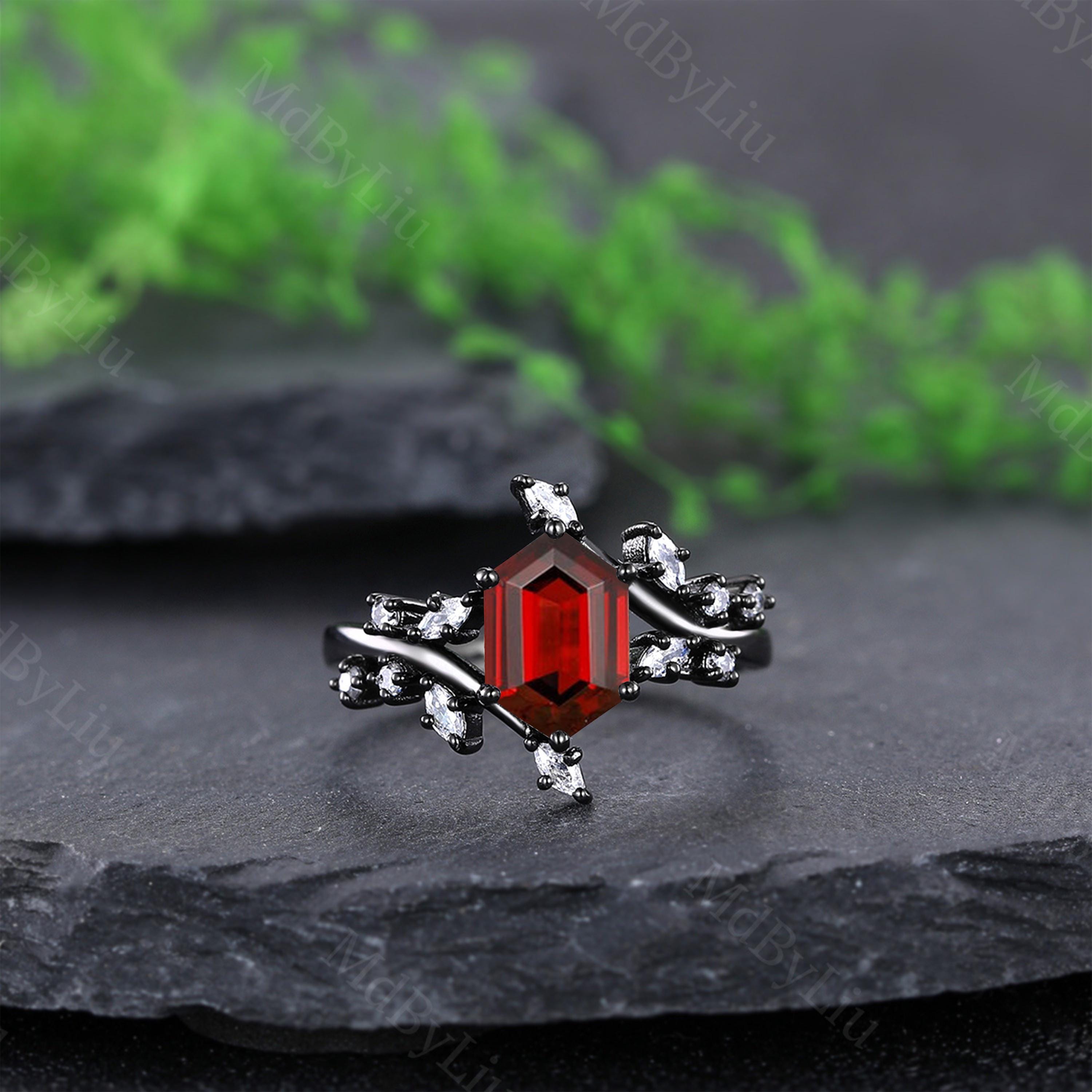 Vintage Garnet Couples Ring Sets, Gothic Black Gold Rings, Hexagon ...
