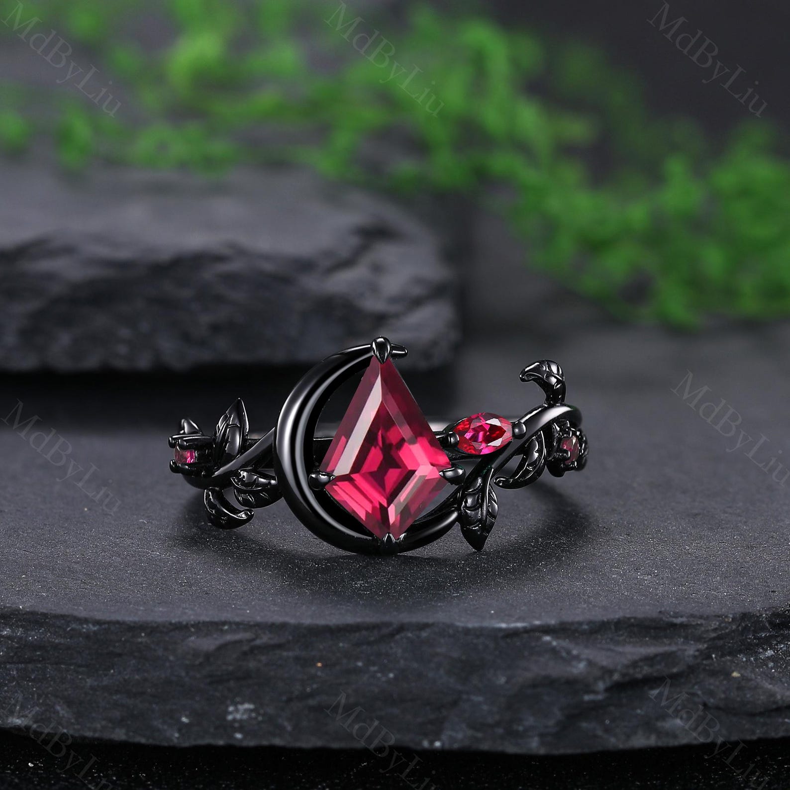 Gothic Black Gold Ruby Couple Ring Set Moon & Leaf Couples Rings Ruby ...