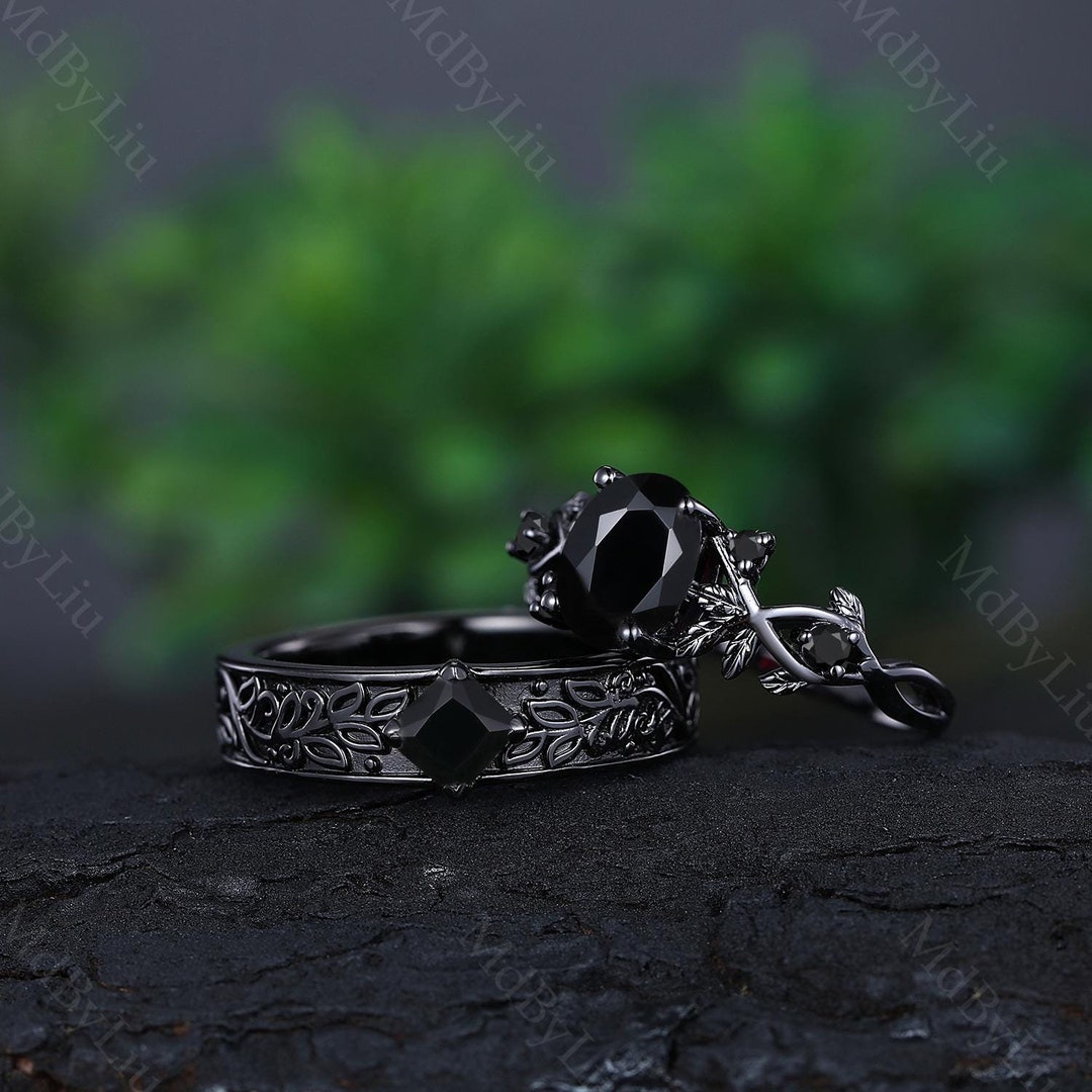 Retro Black Onyx Couple Rings Handmade Ring Leaf Inspired Wedding Rings ...