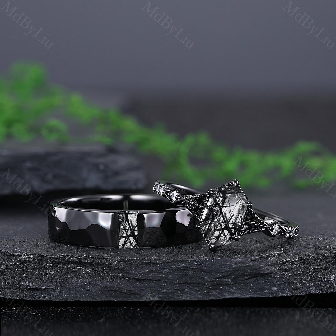 Gothic Black Rutilated Quartz Couple Rings, Rutilated Quartz Engagement ...