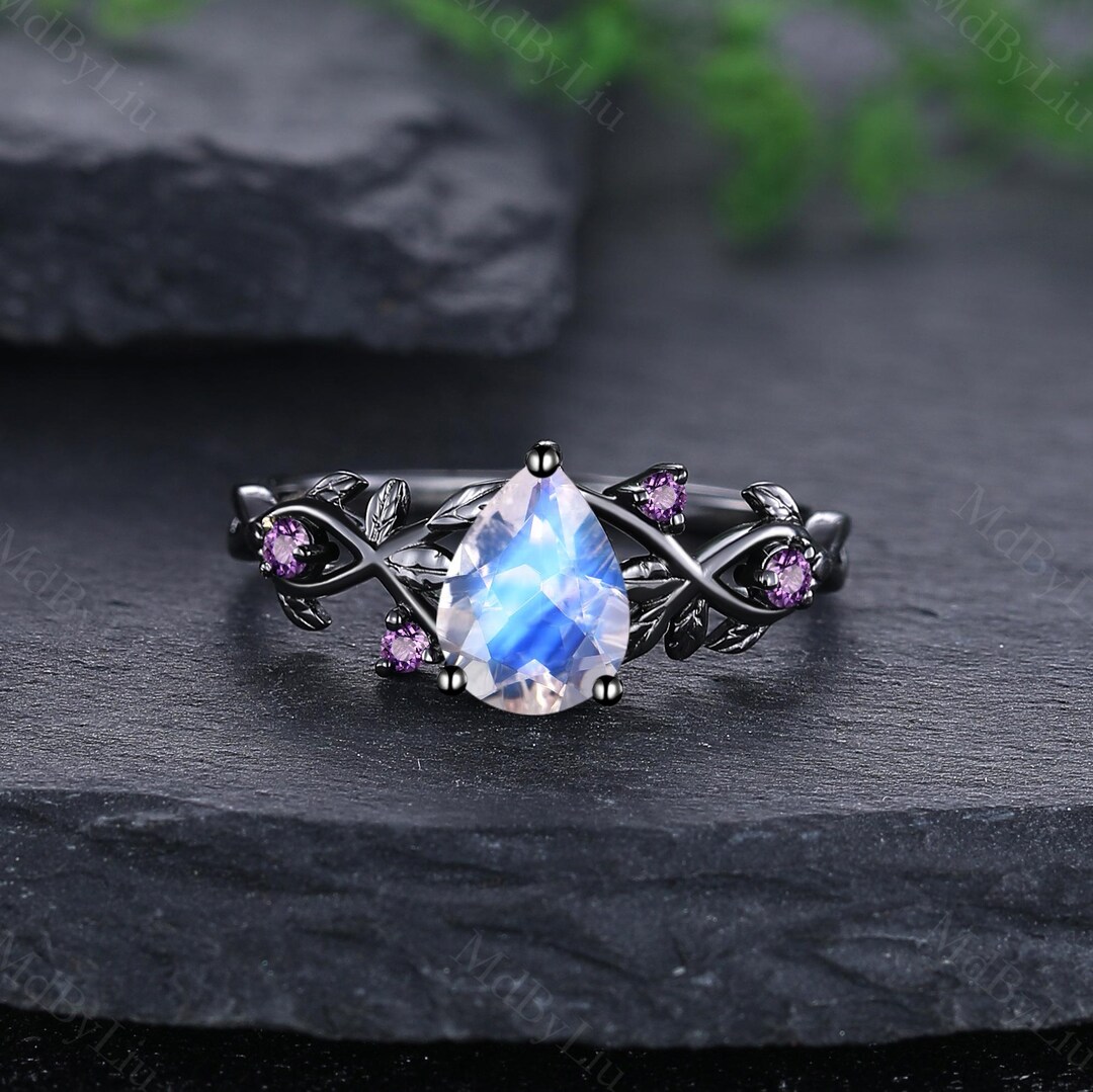 Gothic Moonstone Black Engagement Ring Leaf Vine Wedding Band for Women ...